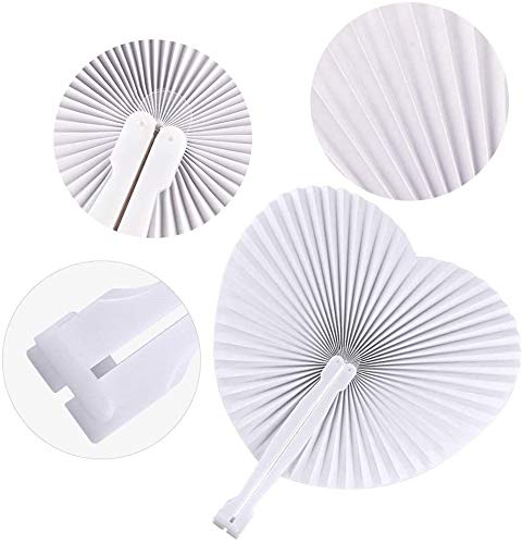 Zwin 48 Pcs Heart Shaped Paper Fans for Wedding Pocket Folding Paper Fans with Plastic Handle White Blank Fans for Guest Celebration Party Decoration