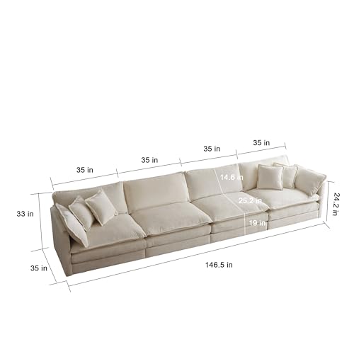 L Shaped Convertible Sectional Sofa with Movable Ottoman,Free Combination Deep Seater Cloud Couch with Throw Pillows, Comfy Chenille Upholstered Modular Sofa&Couch Bed for Living Room,Office