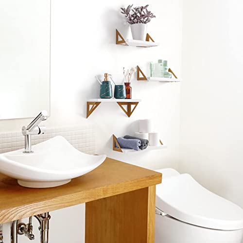 Titanape White Floating Shelves for Bedroom Living Room Decor Aesthetic, Solid Wood Wall Mounted Shelves with Gold Brackets for Bathroom Kitchen Storage Bookshelf for Wall Office Decor