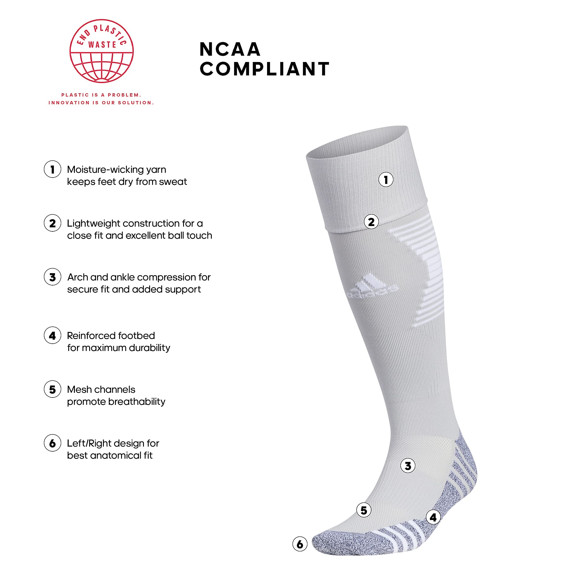 adidas Speed 3 Soccer Socks (1 Pair), Team Light Grey/White, Small