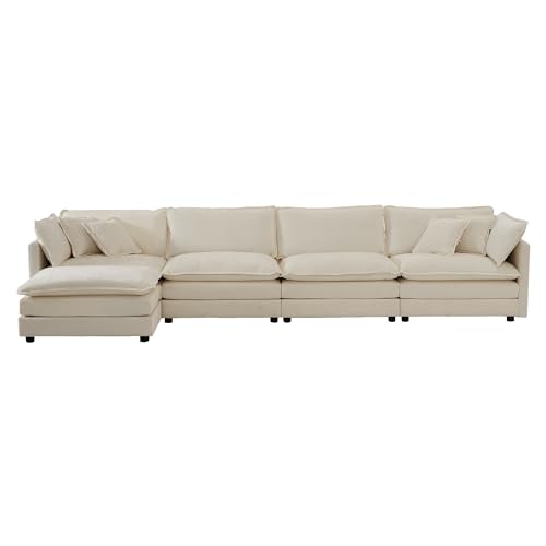 L Shaped Convertible Sectional Sofa with Movable Ottoman,Free Combination Deep Seater Cloud Couch with Throw Pillows, Comfy Chenille Upholstered Modular Sofa&Couch Bed for Living Room,Office