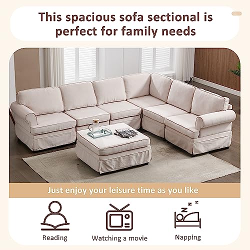 Merax 108.6" Fabric Upholstered Sectional Sofa,Modular Customizable Couch with Removable Ottoman for Living Room,Linen L U Shaped, Beige