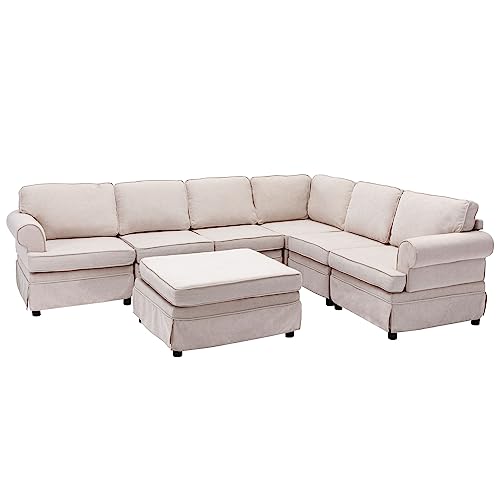 Merax 108.6" Fabric Upholstered Sectional Sofa,Modular Customizable Couch with Removable Ottoman for Living Room,Linen L U Shaped, Beige