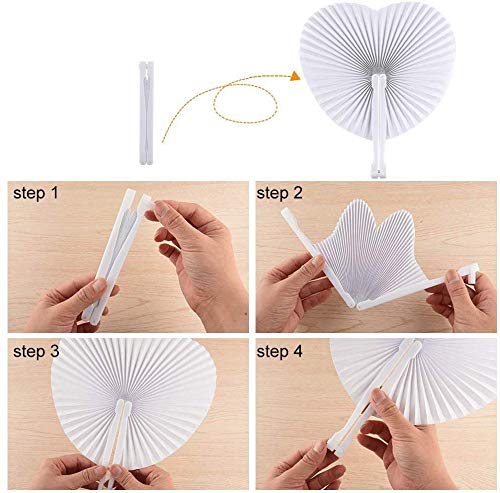 Zwin 48 Pcs Heart Shaped Paper Fans for Wedding Pocket Folding Paper Fans with Plastic Handle White Blank Fans for Guest Celebration Party Decoration