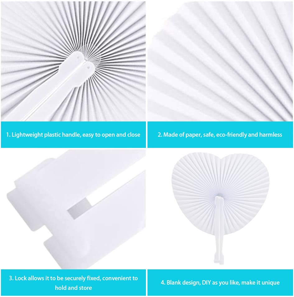 Zwin 48 Pcs Heart Shaped Paper Fans for Wedding Pocket Folding Paper Fans with Plastic Handle White Blank Fans for Guest Celebration Party Decoration