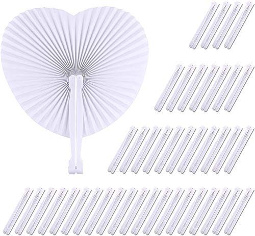 Zwin 48 Pcs Heart Shaped Paper Fans for Wedding Pocket Folding Paper Fans with Plastic Handle White Blank Fans for Guest Celebration Party Decoration