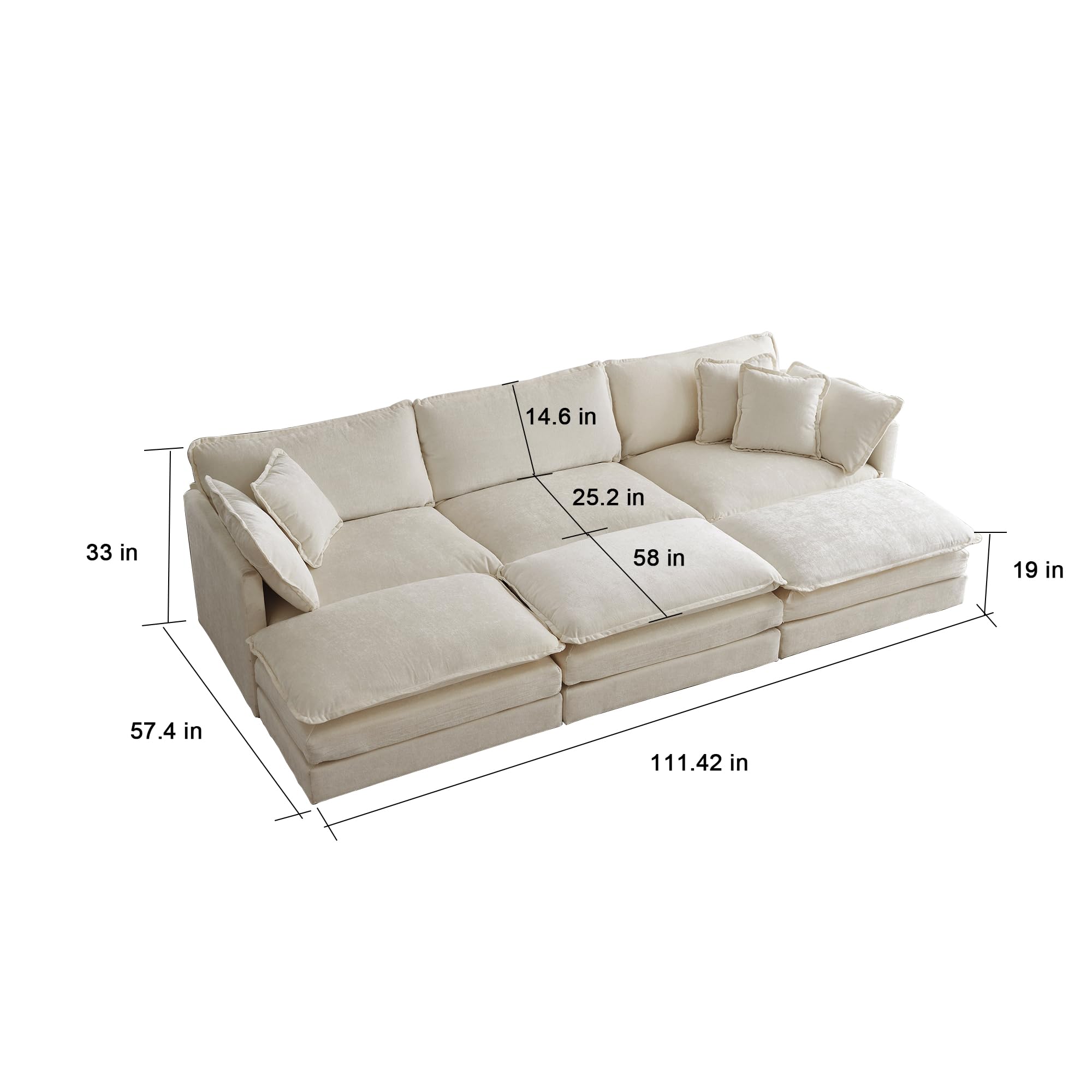 Oversized Minimalist Modular Sectional Sofa with Ottomans, U Shaped Convertible Cloud Couch with Throw Pillows,Deep Seat Chenille Upholstery Sofa&Couch for Living Room Office Apartment