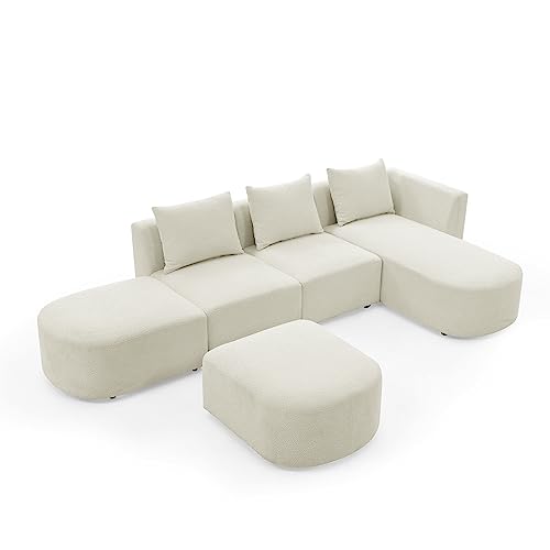 L-Shaped Sectional Sofa Couch with 2 Single Seats, Right Chaise and Movable Ottomans, Modern DIY Combination Convertible Modular Sofa & Couch Cloud Deep Seater Cozy Sofá for Living Room