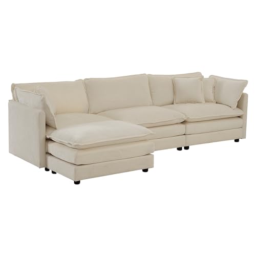 L Shaped Convertible Sectional Sofa with Movable Ottoman,Free Combination Deep Seater Cloud Couch with Throw Pillows, Comfy Chenille Upholstered Modular Sofa&Couch Bed for Living Room,Office