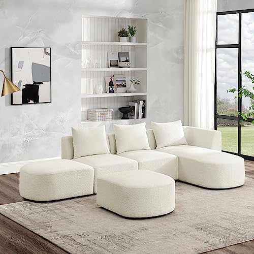 L-Shaped Sectional Sofa Couch with 2 Single Seats, Right Chaise and Movable Ottomans, Modern DIY Combination Convertible Modular Sofa & Couch Cloud Deep Seater Cozy Sofá for Living Room