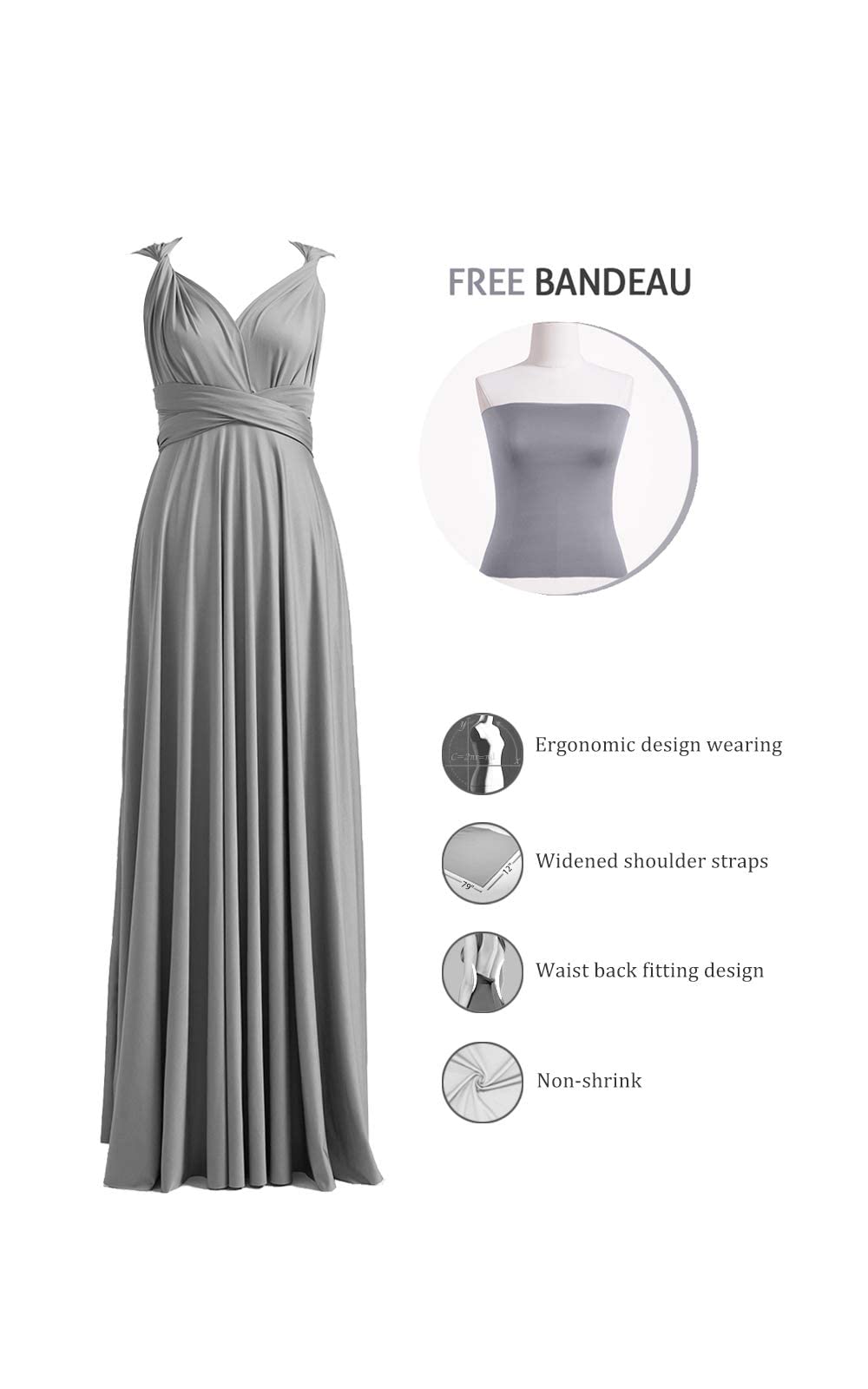 Bridesmaid Dresses for Women, Convertible Sleeve V-Neck Floor Length Prom Wrap Maxi Convertible Long Dress Grey
