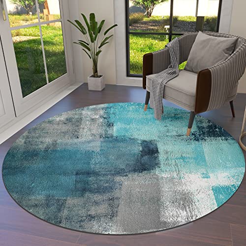 Large Round Area Rug for Living Room Turquoise and Grey Abstract Art Painting Teal Decorative Rug Carpet Floor Mat Yoga Mat for Bedroom Kids Room Home Decor 6 ft