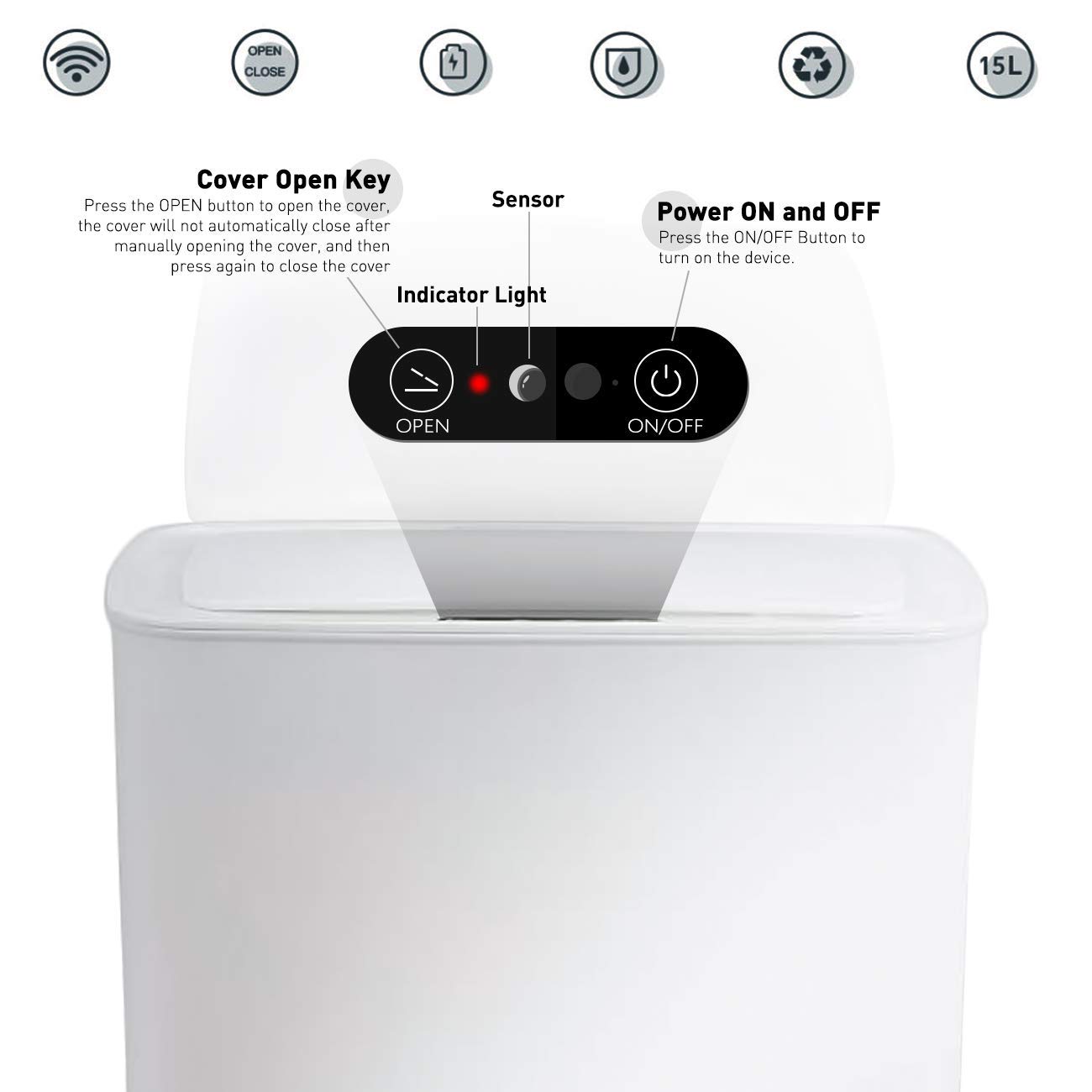 White Automatic Sensor Trash Can, Touchless Inductive Garbage Bin for Bathroom, Kitchen and Bed, Small 3.7 Gallon (14L)