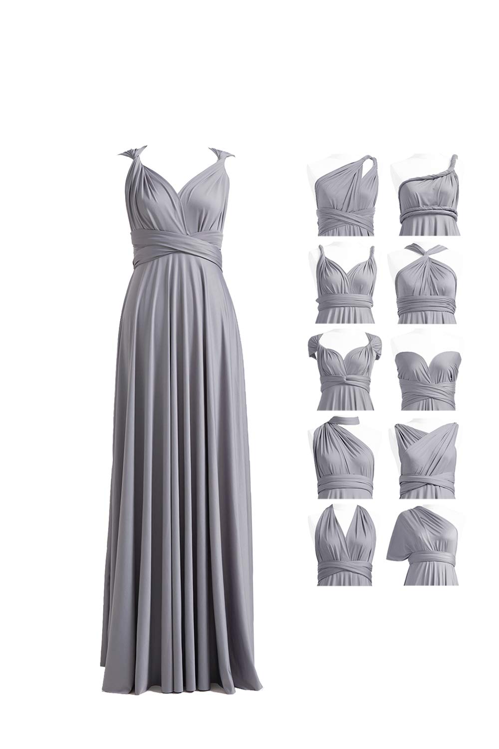 Bridesmaid Dresses for Women, Convertible Sleeve V-Neck Floor Length Prom Wrap Maxi Convertible Long Dress Grey