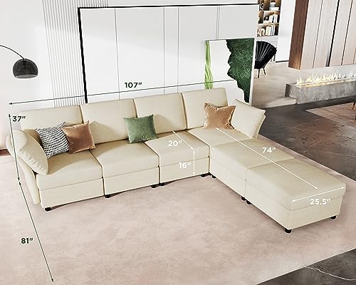 VanAcc Sectional Couch 6 Seats, Modular Sectional Sofa, Convertible Sofa in U Shape with Ottomans, Reversible Sofa Couch for Living Room, Beige Chenille