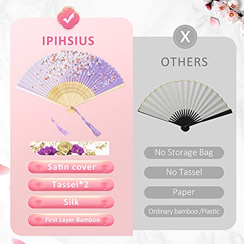 iPihsius Folding Fan, Slik Folding Hand fan with First Layer Bamboo, with Storage Bag, 2Pcs Tassels, For Cooling, Performances, Decorations, Gifts, Classic Ink Plum Gradient Violet