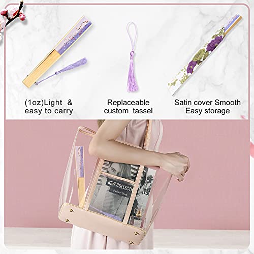 iPihsius Folding Fan, Slik Folding Hand fan with First Layer Bamboo, with Storage Bag, 2Pcs Tassels, For Cooling, Performances, Decorations, Gifts, Classic Ink Plum Gradient Violet