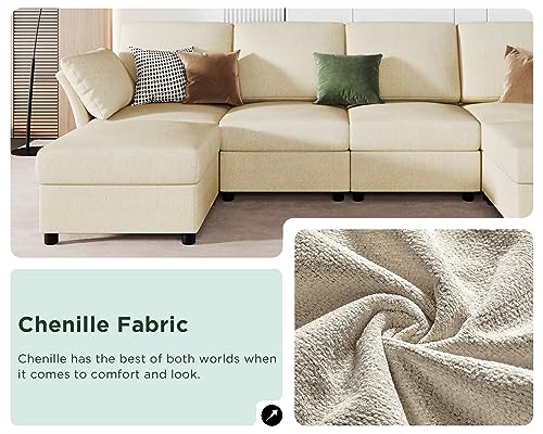 VanAcc Sectional Couch 6 Seats, Modular Sectional Sofa, Convertible Sofa in U Shape with Ottomans, Reversible Sofa Couch for Living Room, Beige Chenille