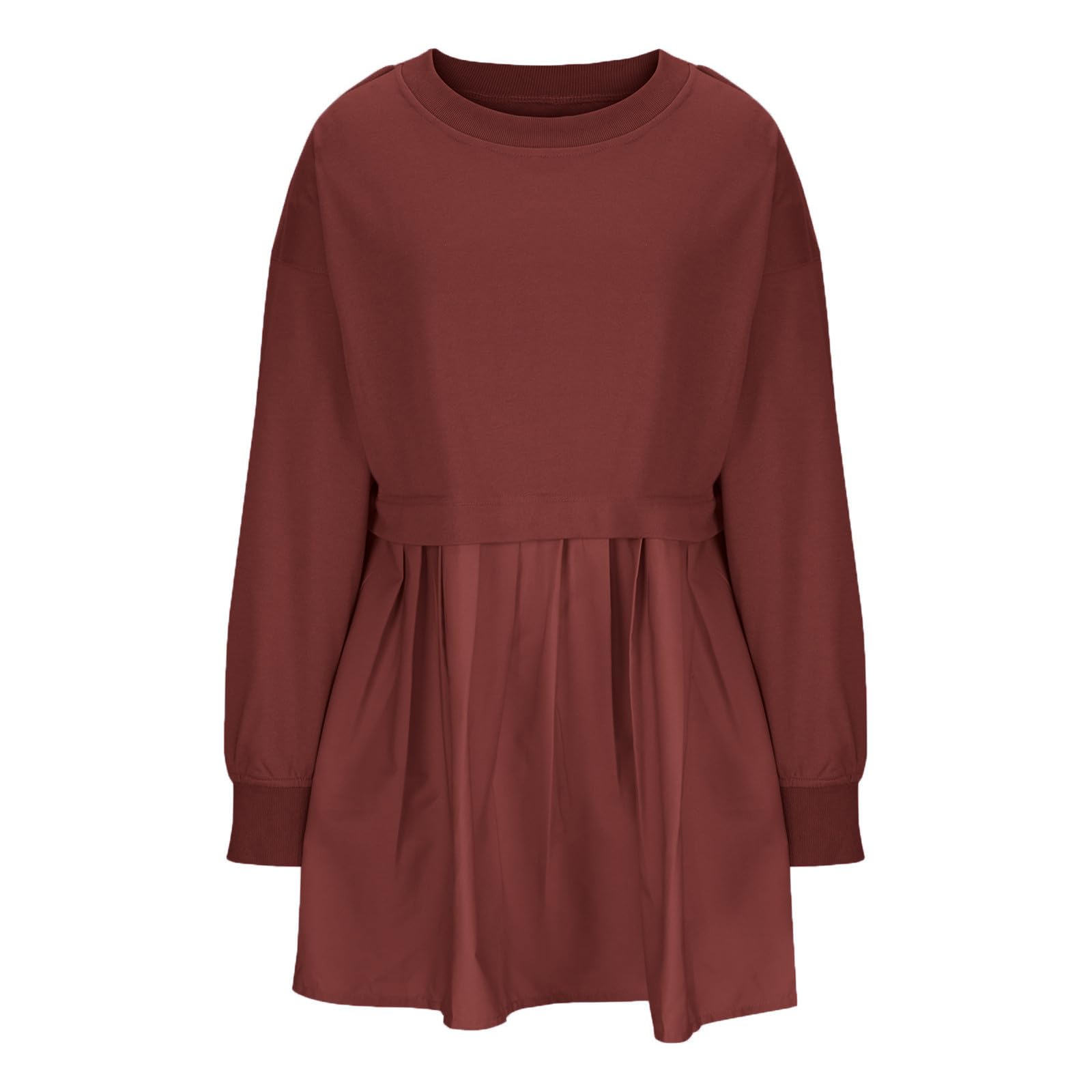 Womens Mini Sweatshirt Dress Oversized Patchwork Color Block Pleated Dresses Long Sleeve Crewneck Pullover Tops