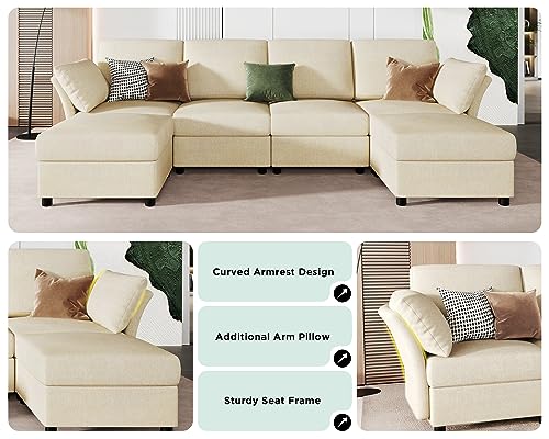 VanAcc Sectional Couch 6 Seats, Modular Sectional Sofa, Convertible Sofa in U Shape with Ottomans, Reversible Sofa Couch for Living Room, Beige Chenille