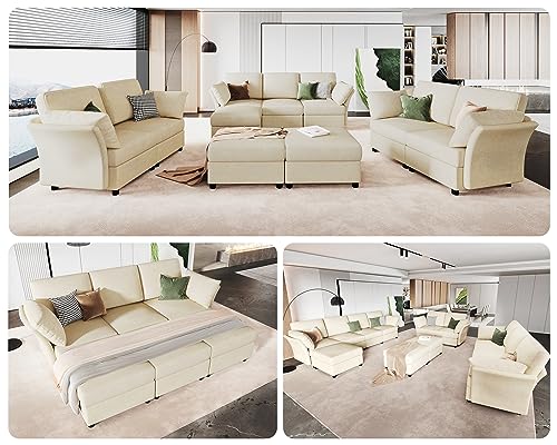 VanAcc Sectional Couch 6 Seats, Modular Sectional Sofa, Convertible Sofa in U Shape with Ottomans, Reversible Sofa Couch for Living Room, Beige Chenille