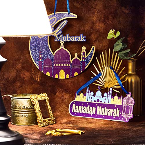 Jetec 2 Pieces Eid Ramadan Mubarak Decorations Eid Mubarak Wood Hanging Signs Eid Mubarak Moon Ornament Wall Door Window Decor Party Supplies