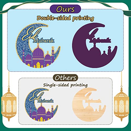 Jetec 2 Pieces Eid Ramadan Mubarak Decorations Eid Mubarak Wood Hanging Signs Eid Mubarak Moon Ornament Wall Door Window Decor Party Supplies