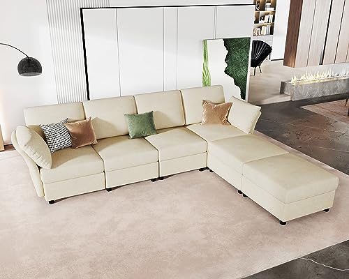 VanAcc Sectional Couch 6 Seats, Modular Sectional Sofa, Convertible Sofa in U Shape with Ottomans, Reversible Sofa Couch for Living Room, Beige Chenille