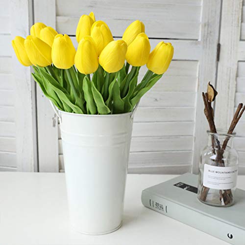 30PCS Real Touch Tulips PU Artificial Flowers, Fake Tulips Flowers for Arrangement Wedding Party Easter Spring Home Dining Room Office Decoration. (Yellow, 14" Tall)