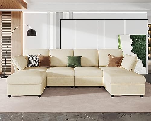 VanAcc Sectional Couch 6 Seats, Modular Sectional Sofa, Convertible Sofa in U Shape with Ottomans, Reversible Sofa Couch for Living Room, Beige Chenille