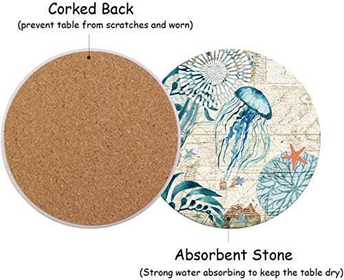 Lumuasky Set of 8 Absorbent Drink Coasters with Holder, Sea Ocean Life Coastal Beach Tropical Theme for Housewarming Apartment Kitchen Room Bar Decor, Cork Base