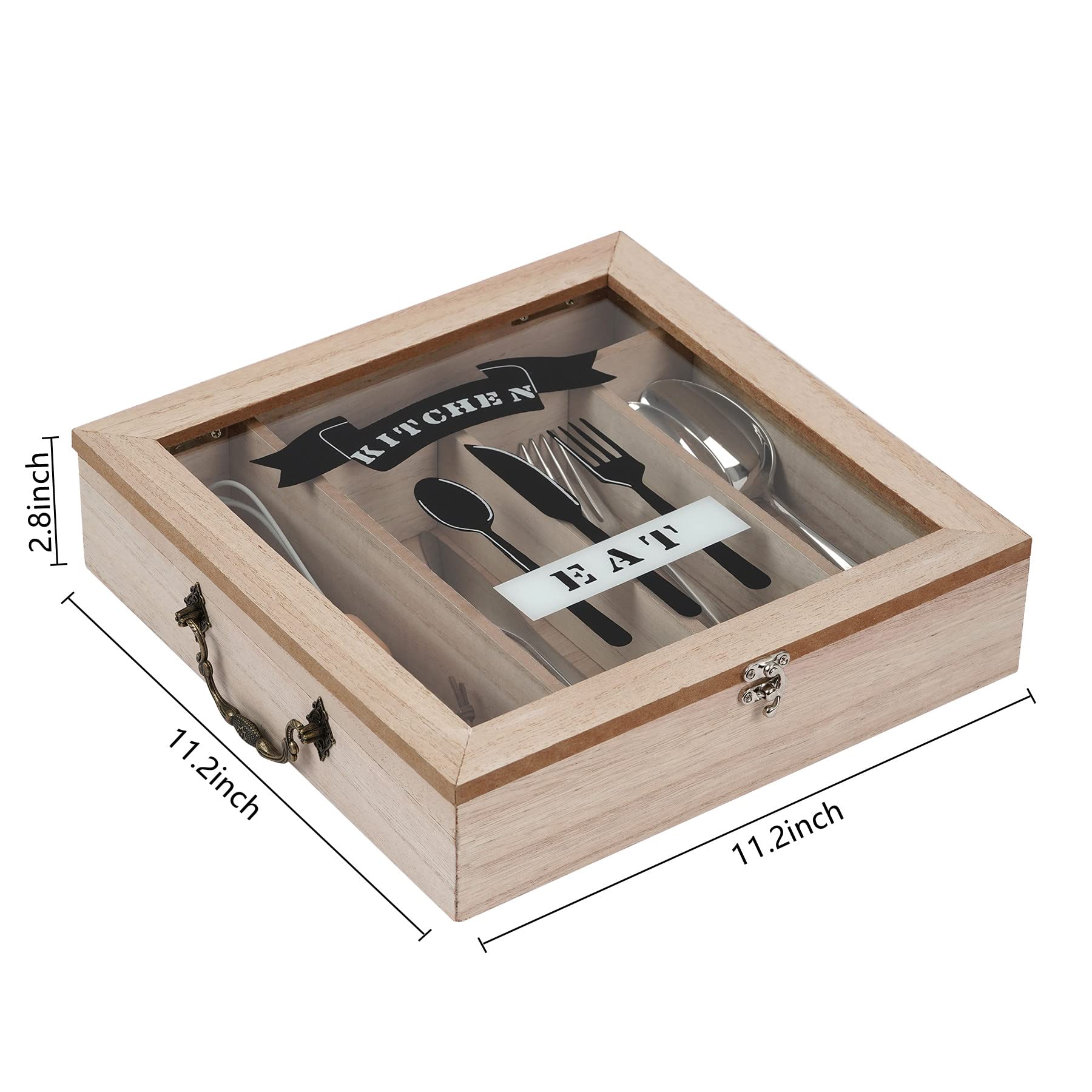 WPKLTMZ Wooden Cutlery Box with Lid Wood Cutlery Organizer Silverware Drawer Organizer with 4 Compartments for Spoon Chopsticks Storage Box Container for Kitchen Countertop Dining Table