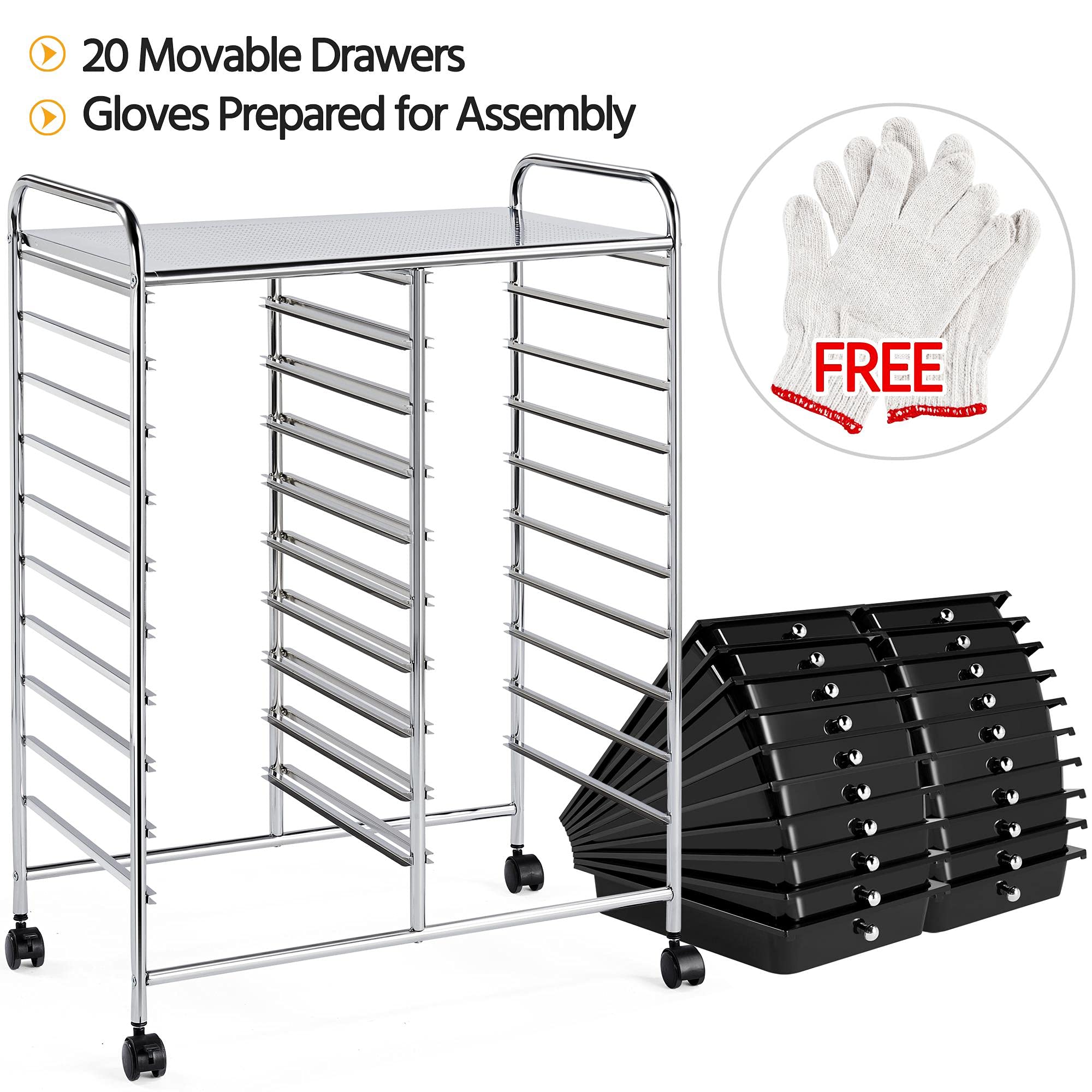 Topeakmart Utility Cart with 20 Drawers Rolling Cart Organizer Plastic Storage Drawers Craft Trolley 360 Degree Castor Wheels, Black