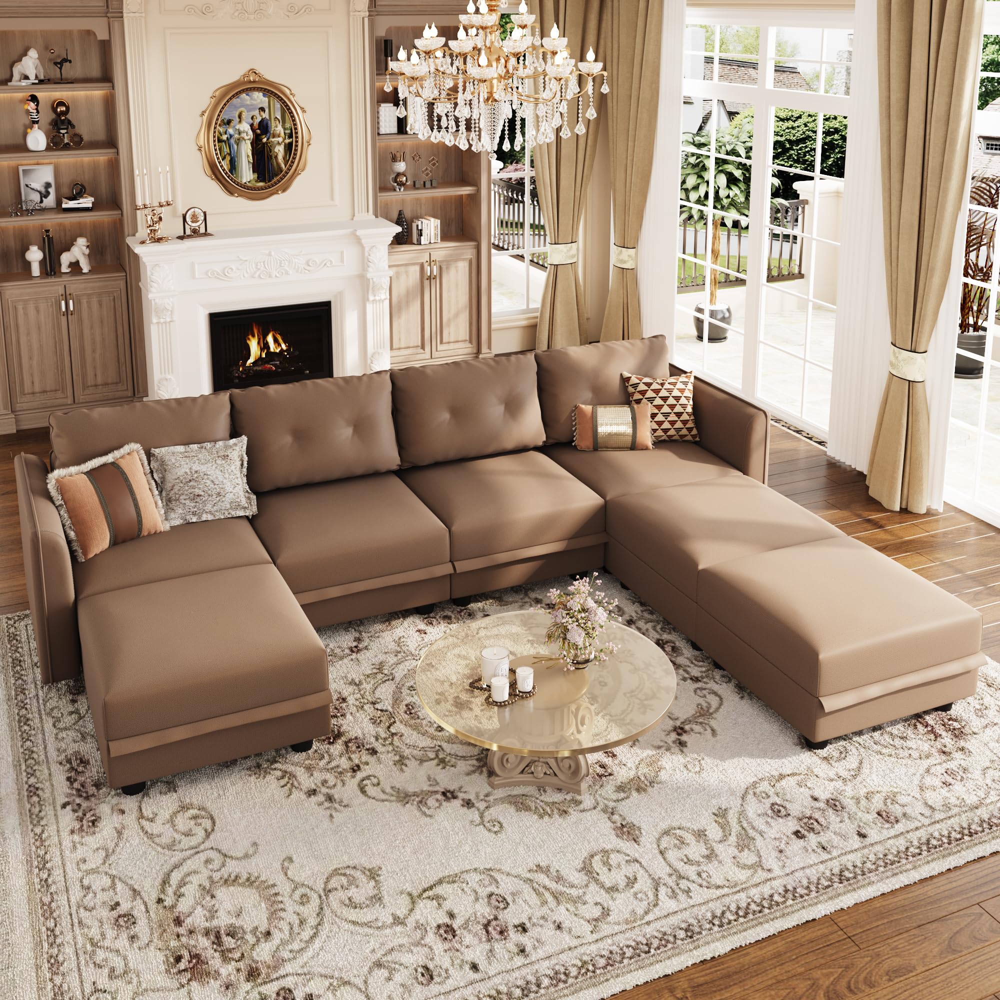 LLappuil Modular Sectional Sofa, Convertible U Shaped Couch with Storage, Faux Leather Fabric Waterproof Sectional Couch for Living Room, 111.8" Width, 7 Seat Modular Sofa, Cognac Brown