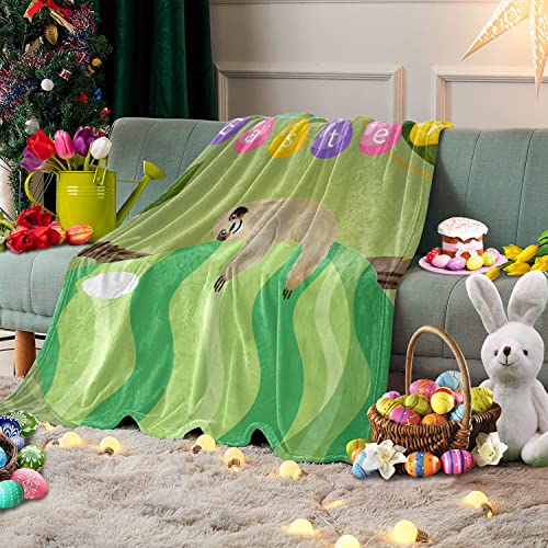 Throw Blankets Cute Sloth with Colorful Easter Eggs Fuzzy Soft Bed Cover Bedspread Microfiber Luxury Blanket for Travel Stadium Camping Couch Sofa Chair Green