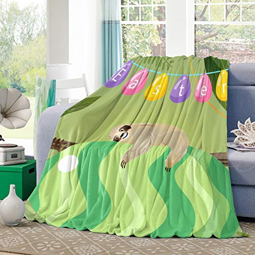 Throw Blankets Cute Sloth with Colorful Easter Eggs Fuzzy Soft Bed Cover Bedspread Microfiber Luxury Blanket for Travel Stadium Camping Couch Sofa Chair Green