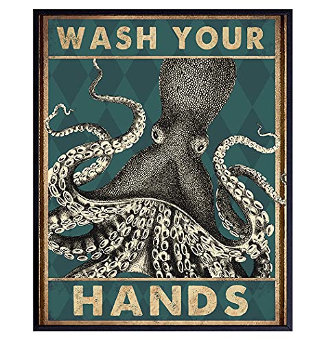 Octopus Nautical Bathroom Wall Art & Decor - Funny Beach Bathroom Decor - Bath Wall Decor - Cute Unique Bathroom Pictures Decorations Poster - Wash Your Hands Sign - Guest Bathroom - Powder Room