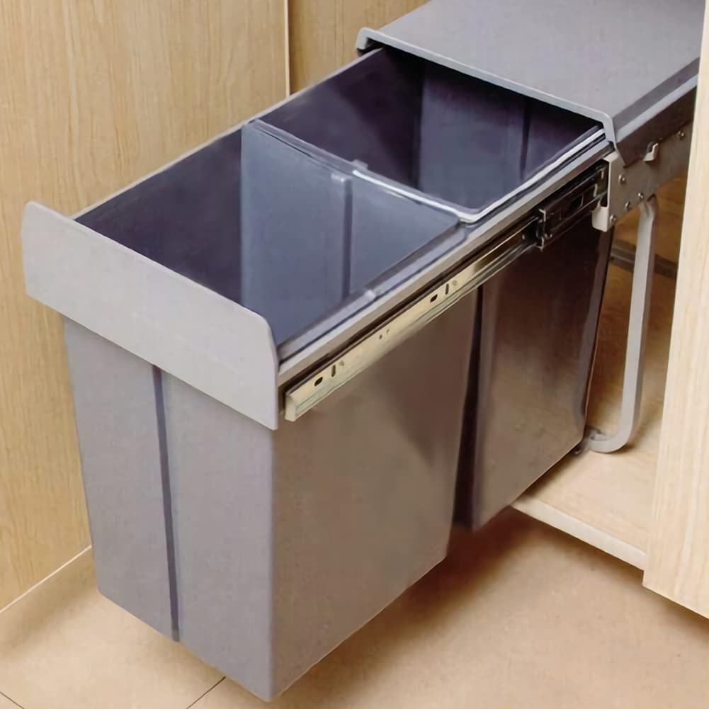 Nisorpa 40 Liter / 10.6 Gallon Dual Pull Out Trash Cans Under Cabinet Counter/Sink with Lid - Commercial Garbage Can Recycling Container Kitchen Waste Bins - Soft-Close Slides Out & Fixable Base, Gray