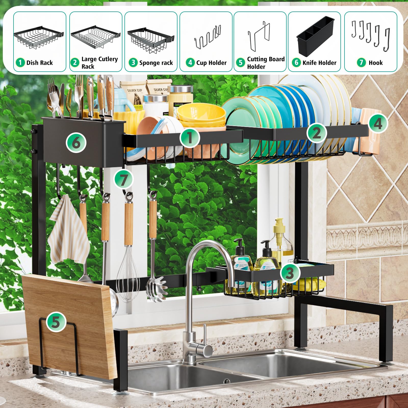 YKLSLH 2 Tiers of Retractable Large Over The Sink Dish Drying Rack with 3 Baskets, for All Sinks (22.8"-39.4"),Adjustable Large Capacity Sink Rack, Iron Drain Rack to Save Space(2 Tiers-3 Baskets)