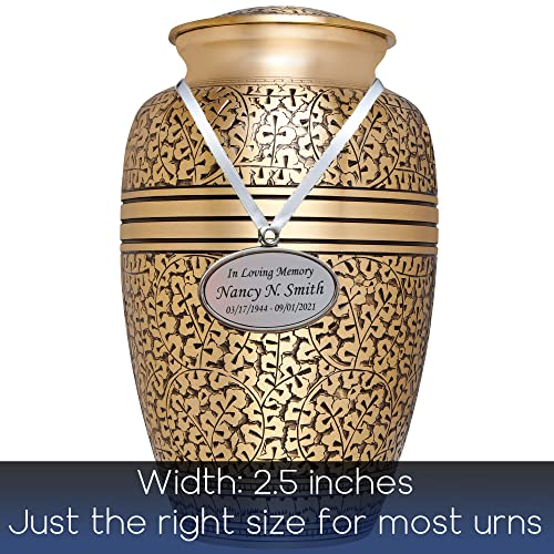 Gold Oval Engraved Pendant - Hanging Plate Medallion Plaque for urns That can’t be Engraved - Includes Smooth Satin Ribbon - Made in Brass - Black Engraving (Gold Tone)