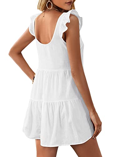 Umenlele Women's Summer Tiered Ruffle Hem Cap Sleeve Short Jumpsuit Romper White Medium