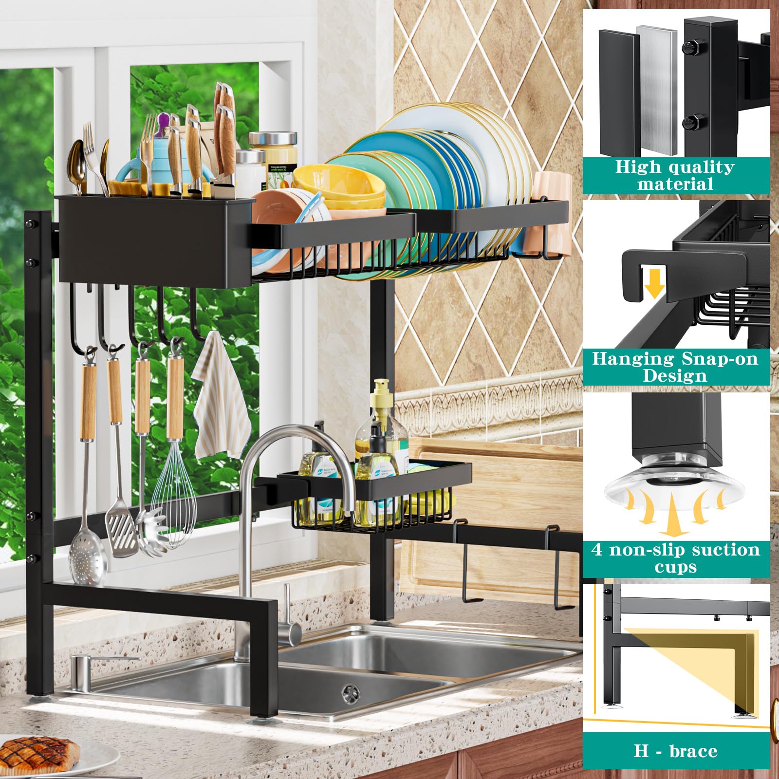YKLSLH 2 Tiers of Retractable Large Over The Sink Dish Drying Rack with 3 Baskets, for All Sinks (22.8"-39.4"),Adjustable Large Capacity Sink Rack, Iron Drain Rack to Save Space(2 Tiers-3 Baskets)