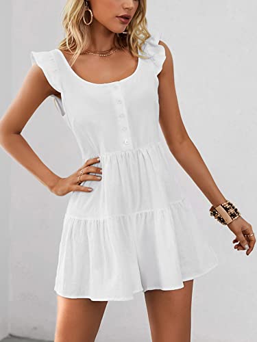 Umenlele Women's Summer Tiered Ruffle Hem Cap Sleeve Short Jumpsuit Romper White Medium