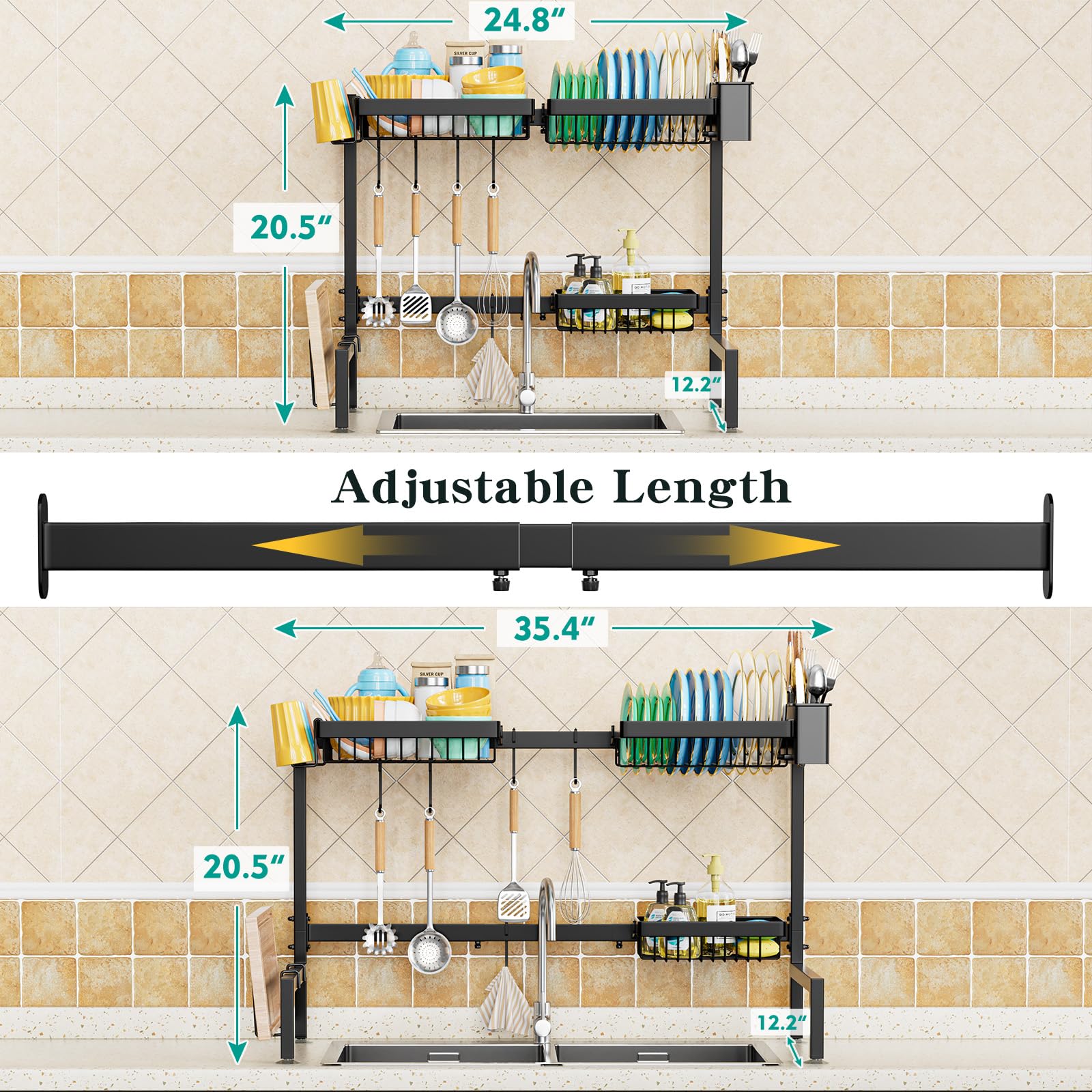 YKLSLH 2 Tiers of Retractable Large Over The Sink Dish Drying Rack with 3 Baskets, for All Sinks (22.8"-39.4"),Adjustable Large Capacity Sink Rack, Iron Drain Rack to Save Space(2 Tiers-3 Baskets)