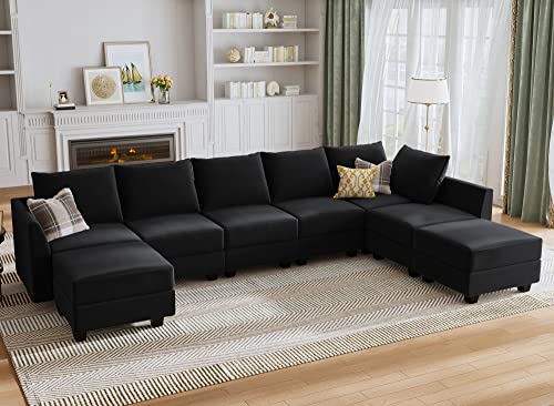 HONBAY Flexible Modular U Shaped Sofa, Black, Wood, 112.60 x 81.50 x 33.90 in