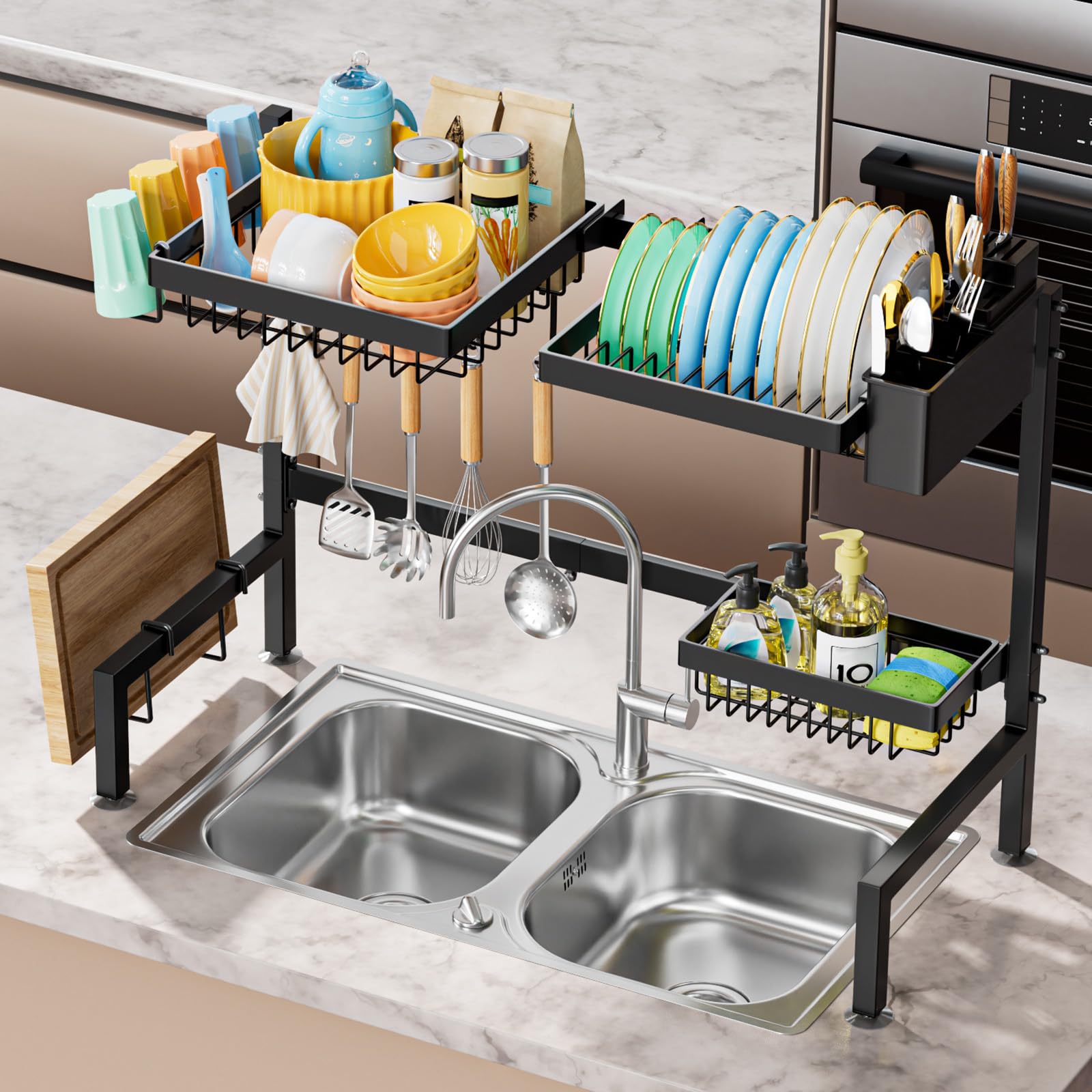 YKLSLH 2 Tiers of Retractable Large Over The Sink Dish Drying Rack with 3 Baskets, for All Sinks (22.8"-39.4"),Adjustable Large Capacity Sink Rack, Iron Drain Rack to Save Space(2 Tiers-3 Baskets)