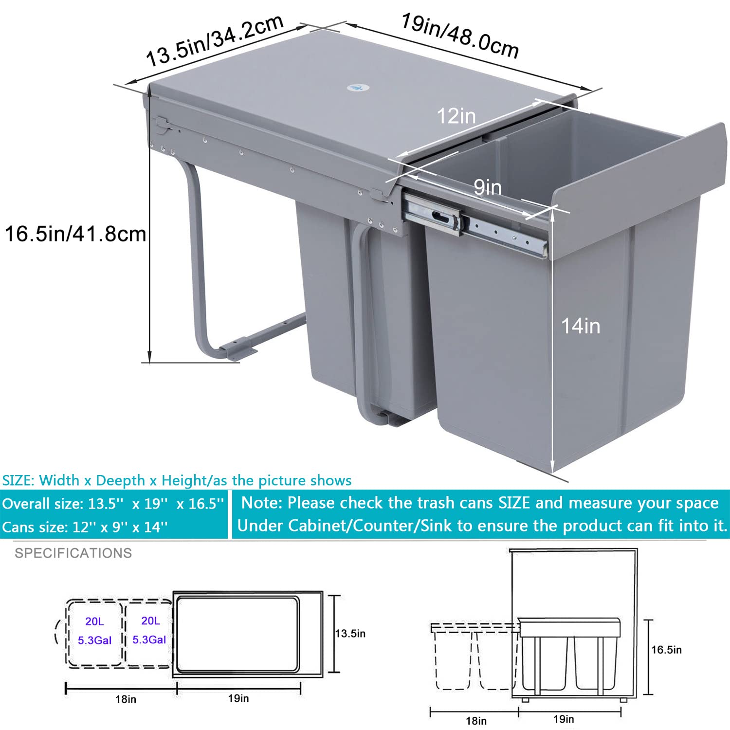 Nisorpa 40 Liter / 10.6 Gallon Dual Pull Out Trash Cans Under Cabinet Counter/Sink with Lid - Commercial Garbage Can Recycling Container Kitchen Waste Bins - Soft-Close Slides Out & Fixable Base, Gray