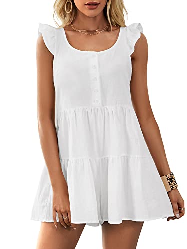 Umenlele Women's Summer Tiered Ruffle Hem Cap Sleeve Short Jumpsuit Romper White Medium