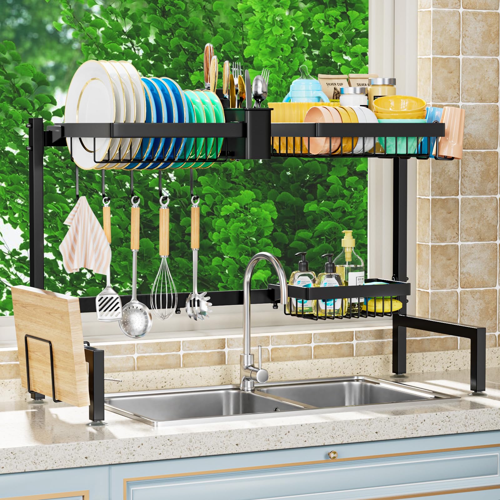 YKLSLH 2 Tiers of Retractable Large Over The Sink Dish Drying Rack with 3 Baskets, for All Sinks (22.8"-39.4"),Adjustable Large Capacity Sink Rack, Iron Drain Rack to Save Space(2 Tiers-3 Baskets)