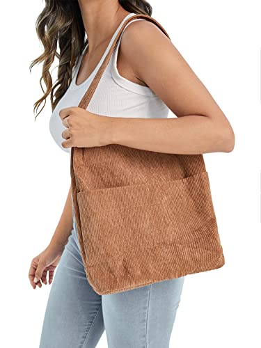 WDIRARA Women's Corduroy Hobo Bags Shopper Tote Bag Side Pocket Shoulder Handbags Brown one-size